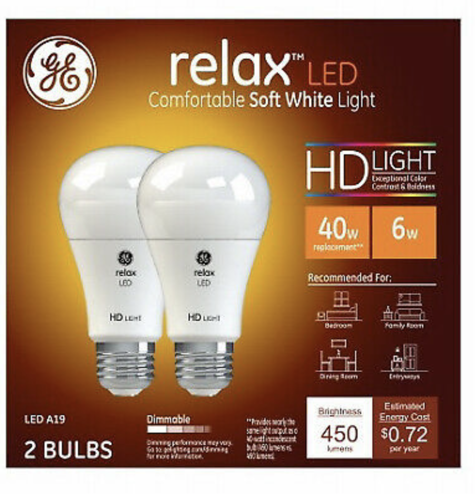 2 Pack GE Relax LED HD Light 40 Watt Replacement 6 Watt A19 Dimmable | eBay