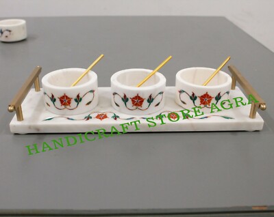 Marble Salt Pepper Condiment Bowl and Tray Set Inlaid with Semi ...