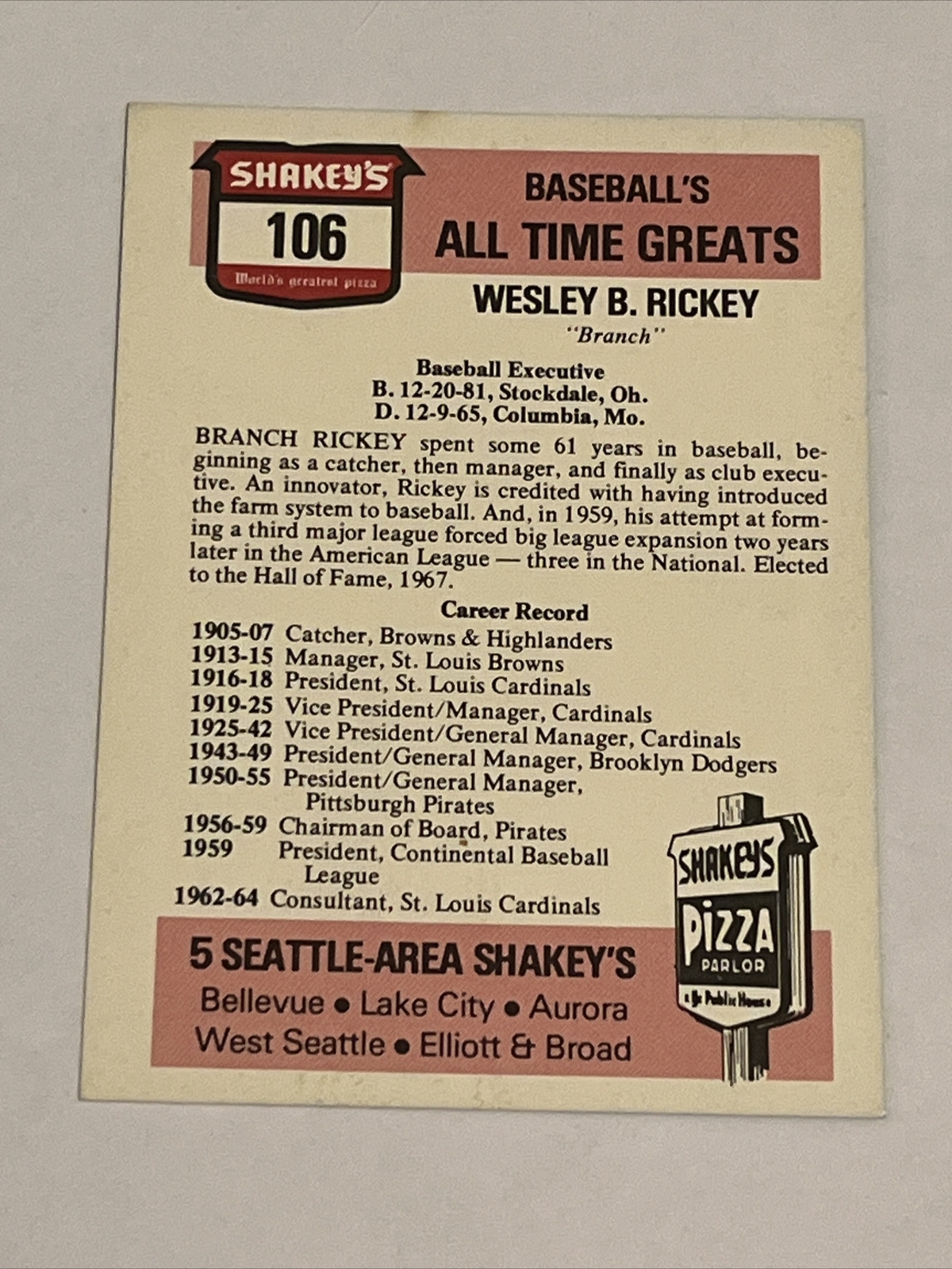 #106 BRANCH RICKEY Cardinals Shakeys Pizza HOF/Baseball's All-Time ...