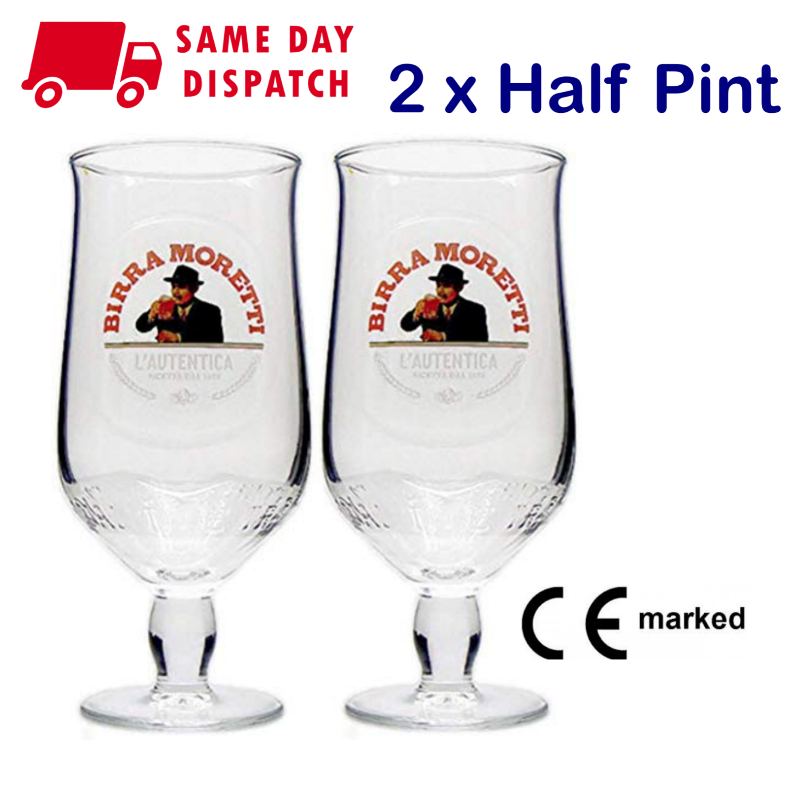 2 x Birra Moretti Half Pint Glasses, CE Marked Brand New 10oz 100% ...
