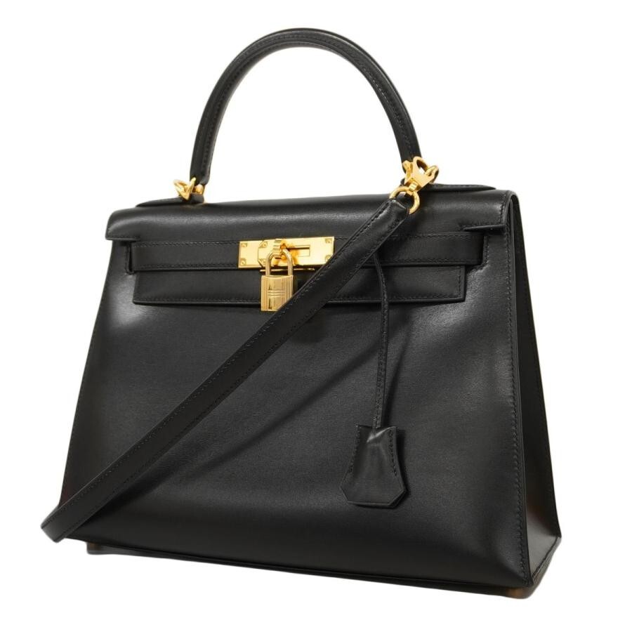 HERMES Kelly 28 Box Calf 2WAY Shoulder Hand Bag Black… - Gem
