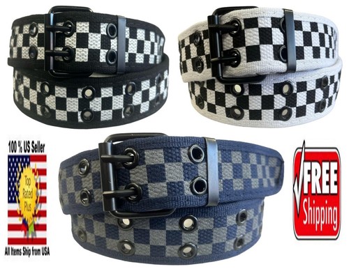 checker Print 2 Holes Row Grommet Stitched Canvas Fabric Military Web ...