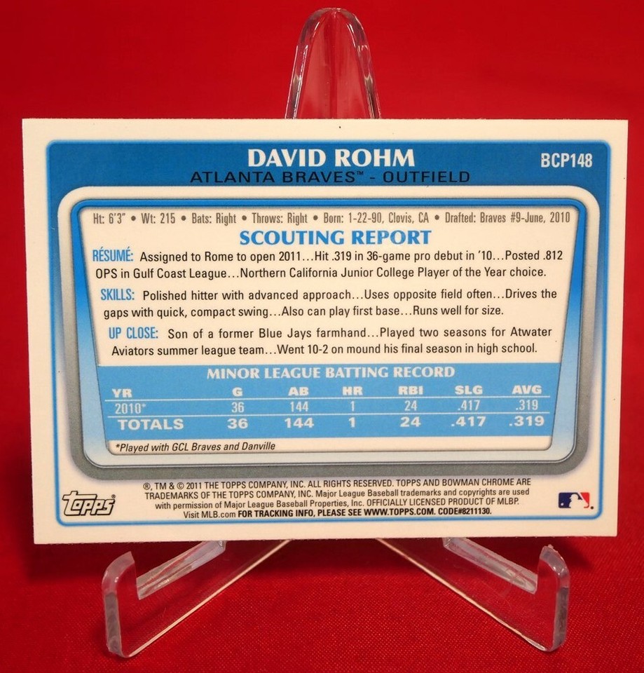 David Rohm Bowman Chrome 2011 TOPPS Baseball Card #BCP148 Mint | eBay