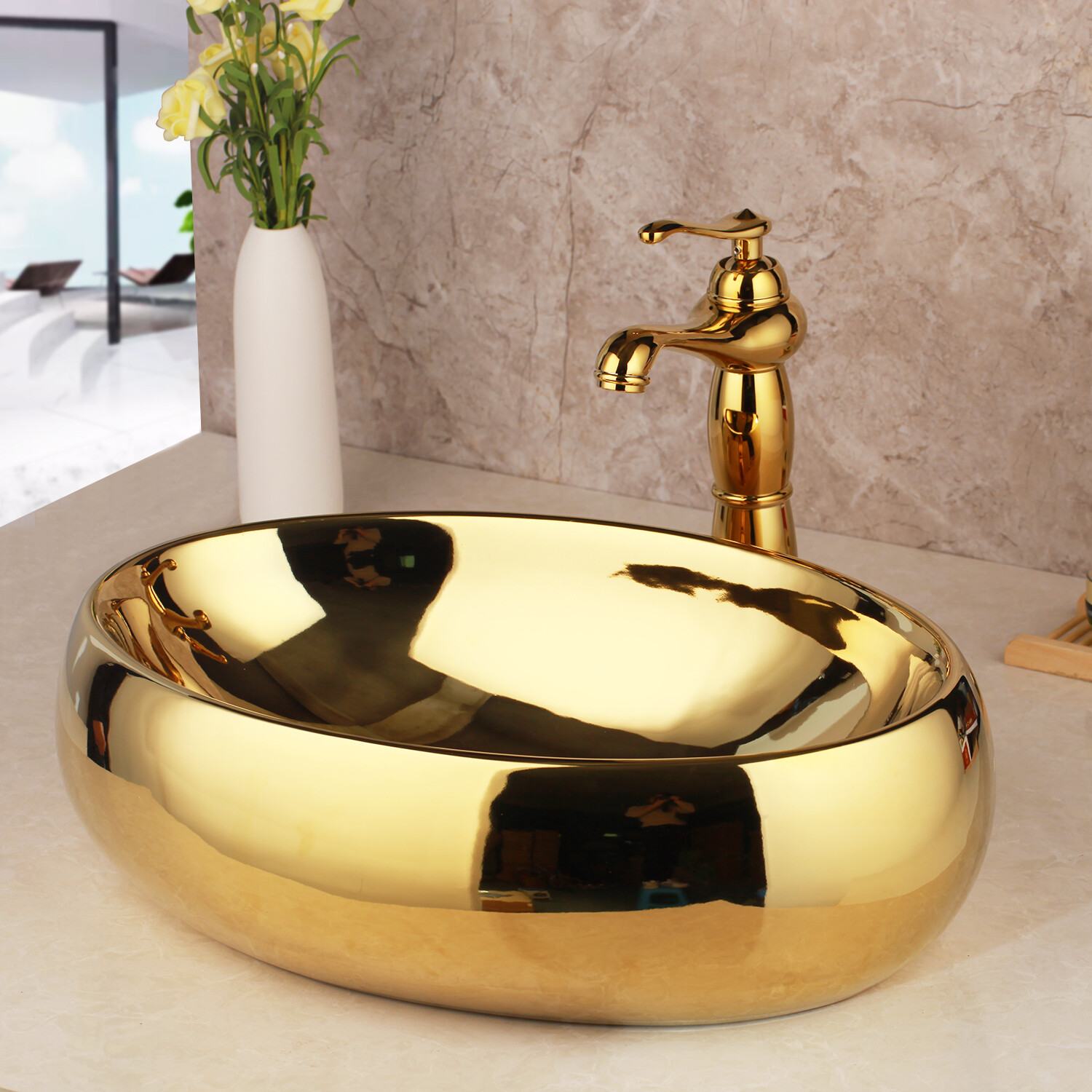 18.8" Gold Oval Ceramic Wash Basin Vessel Sink Combo Mixer Faucet Tap ...