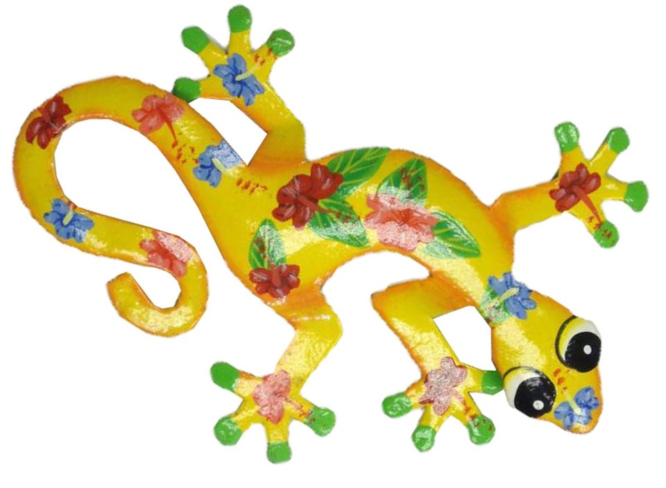 Tropical Hibiscus Yellow Gecko Lizard Haitian Metal Art Large 18 inch ...