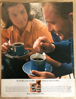 1963 Print Ad Sanka Decaf, People Drinking, Blue Cups, 'A Lot of Coffee ...
