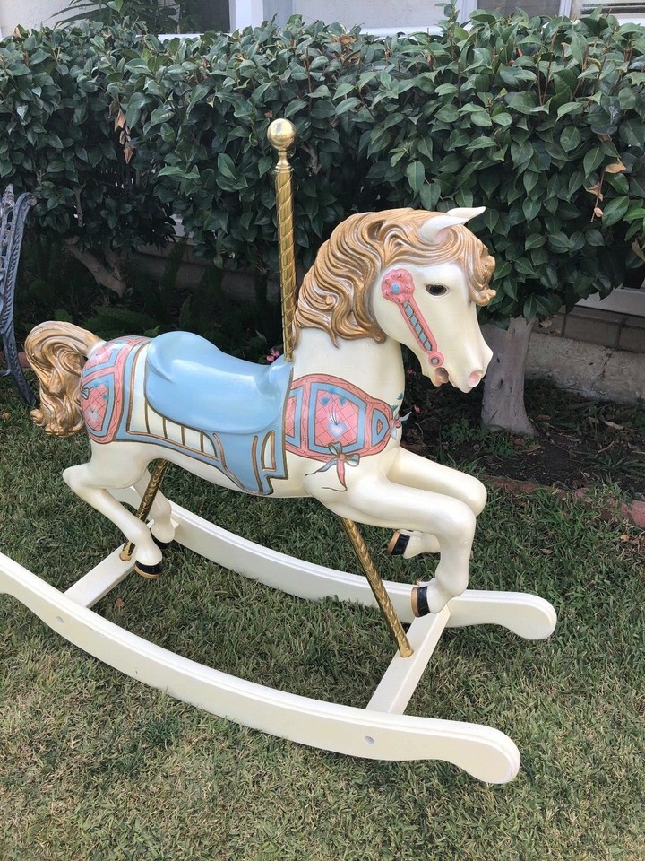 1984 Signed S & S Cal Wood Carved Carousel Rocking Horse With a Short ...