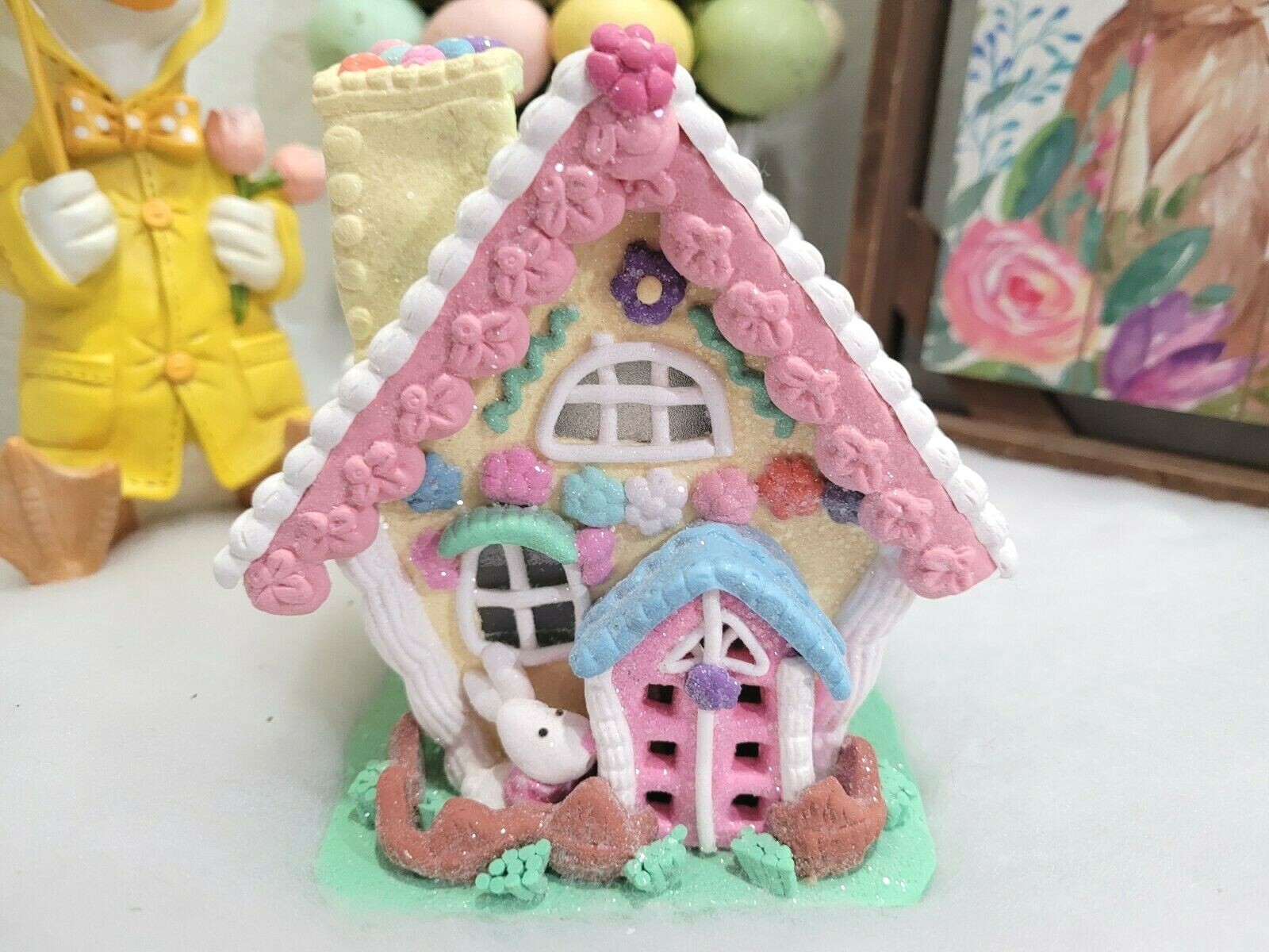 Easter Pastel Bunny Rabbit Gingerbread House LIGHT UP Tabletop Decor 5. ...