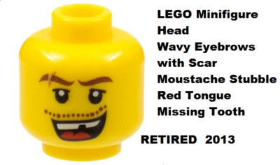 LEGO Minifigure Head Missing Tooth Brown Eyebrows Thin Pencil Mustache ...