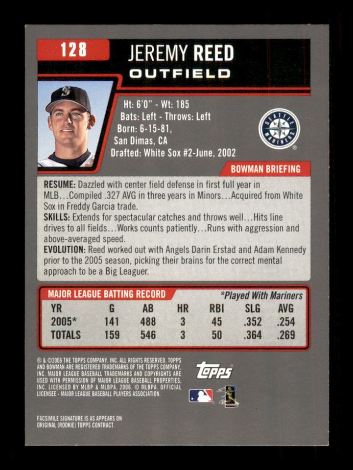 2006 Baseball Bowman Jeremy Reed Seattle Mariners #128 Gold1 | eBay