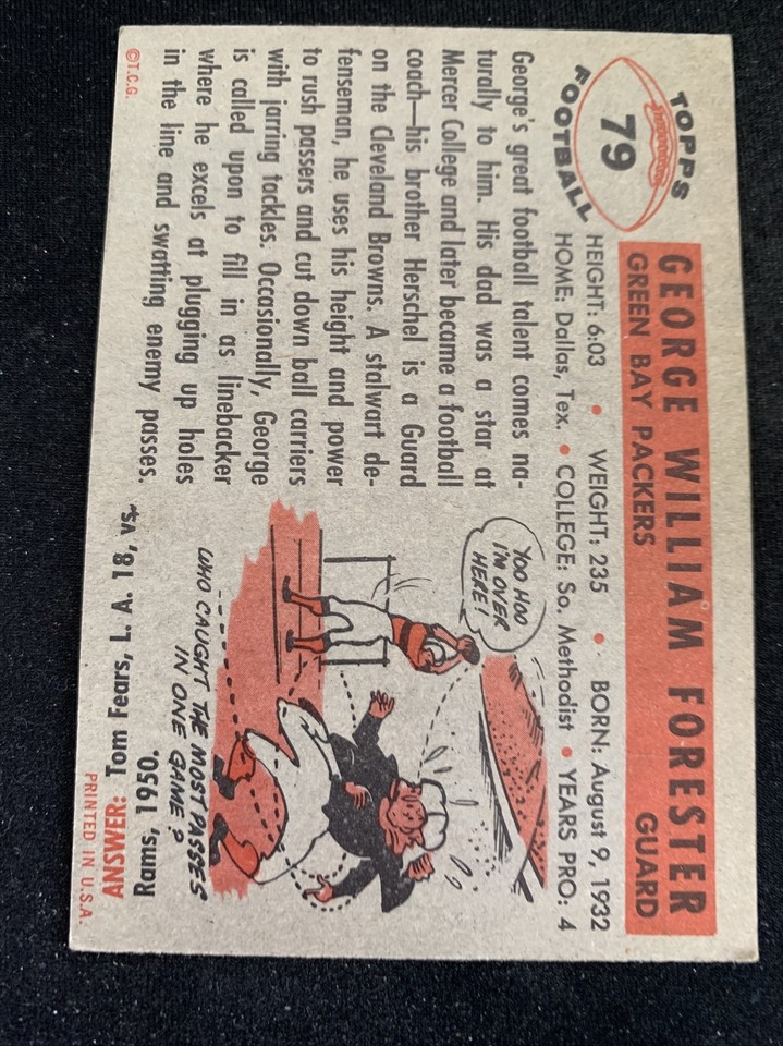 1956 Topps Football #79 Bill Forester Rookie RC Green Bay Packers ExNm ...