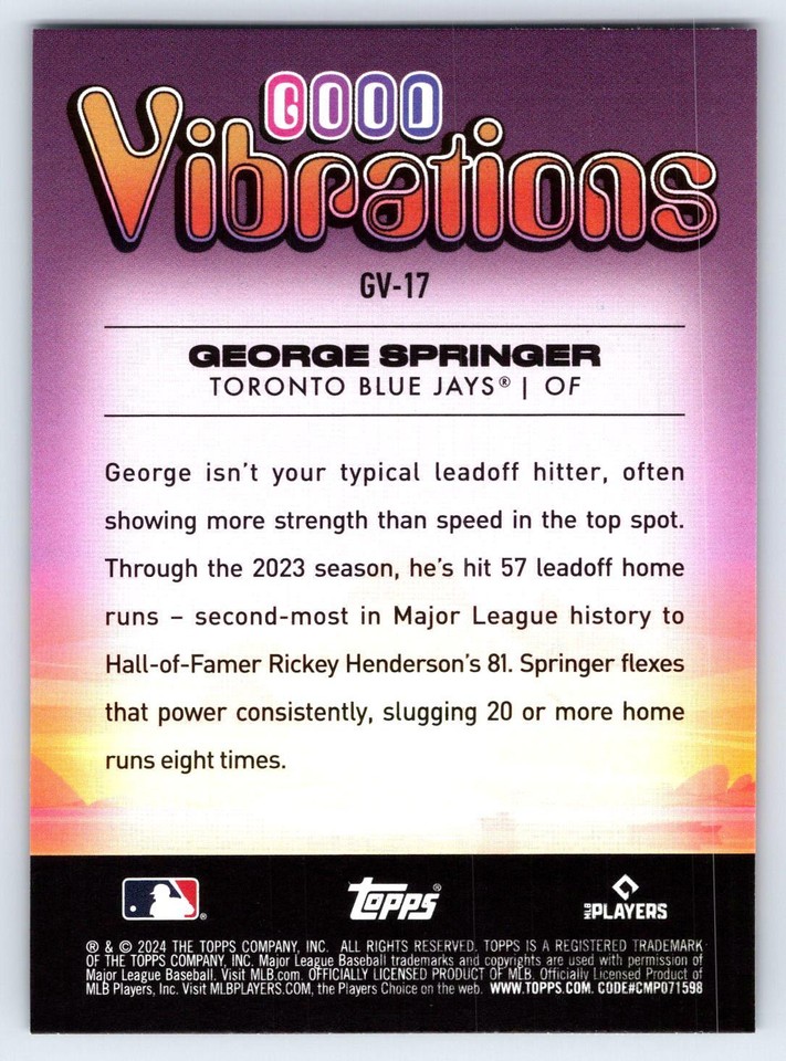 2024 Topps Big League George Stringer Good Vibrations #GV-17 Blue Jays ...