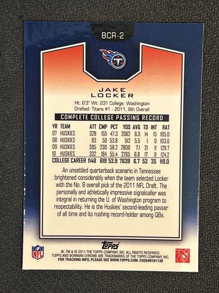 2011 Bowman Chrome Football Jake Locker Rookie RC Tennessee Titans BCR ...