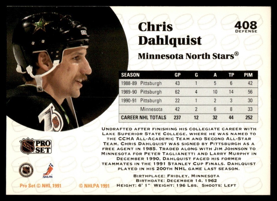 1991-92 Pro Set #408 Chris Dahlquist Minnesota North Stars | eBay