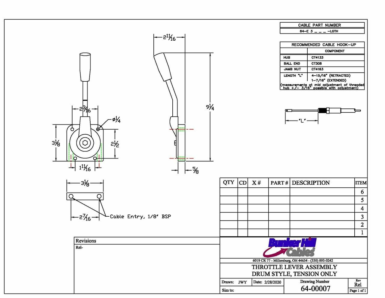 Throttle Lever, Cable Control, Friction Style, 3-1/8" Travel, 64-00007 ...