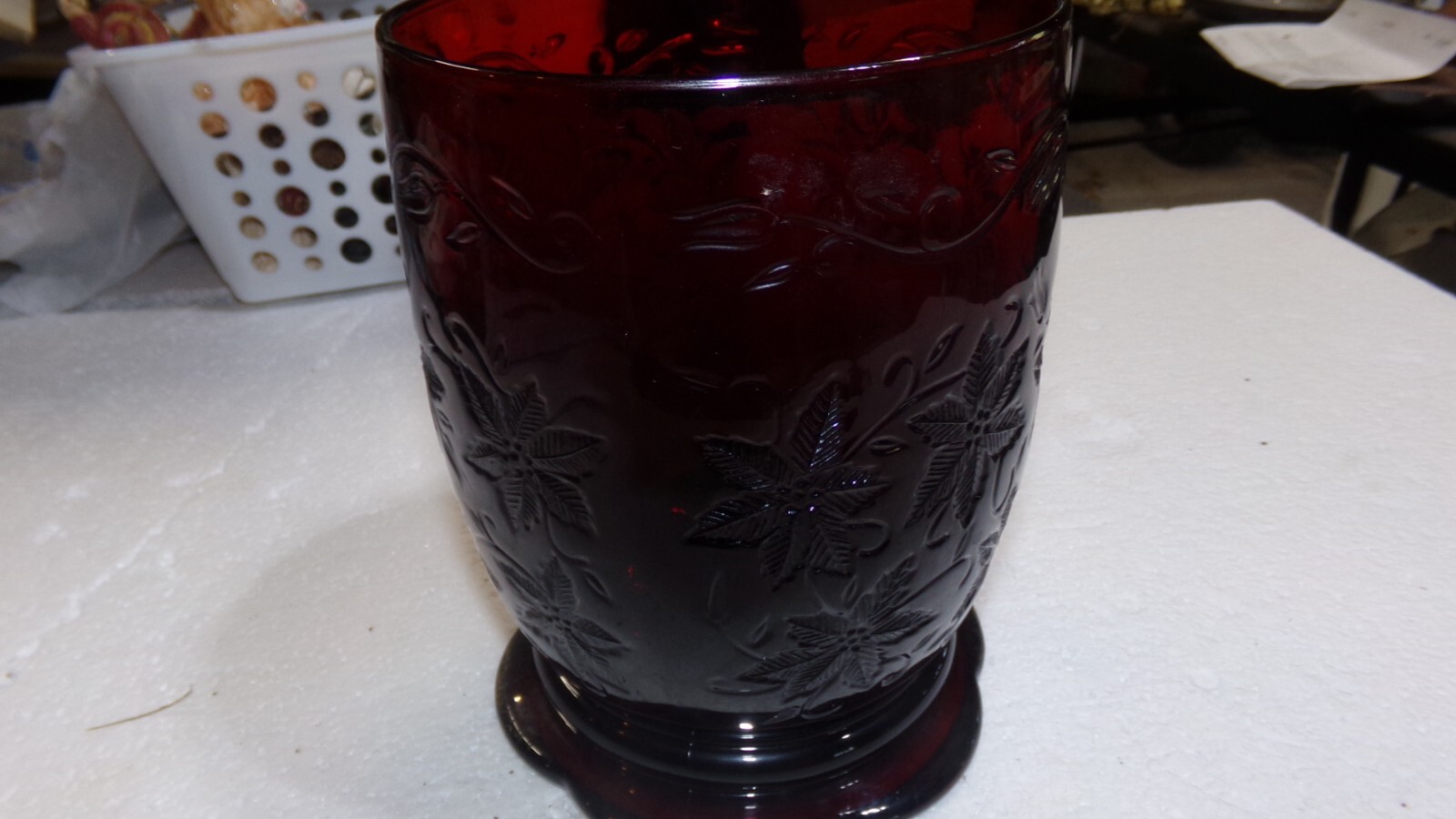 BLOOD RED RUBY VASE EMBOSSED FLOWERS SCROLL WORK SIGNED ON BOTTOM L AND ...