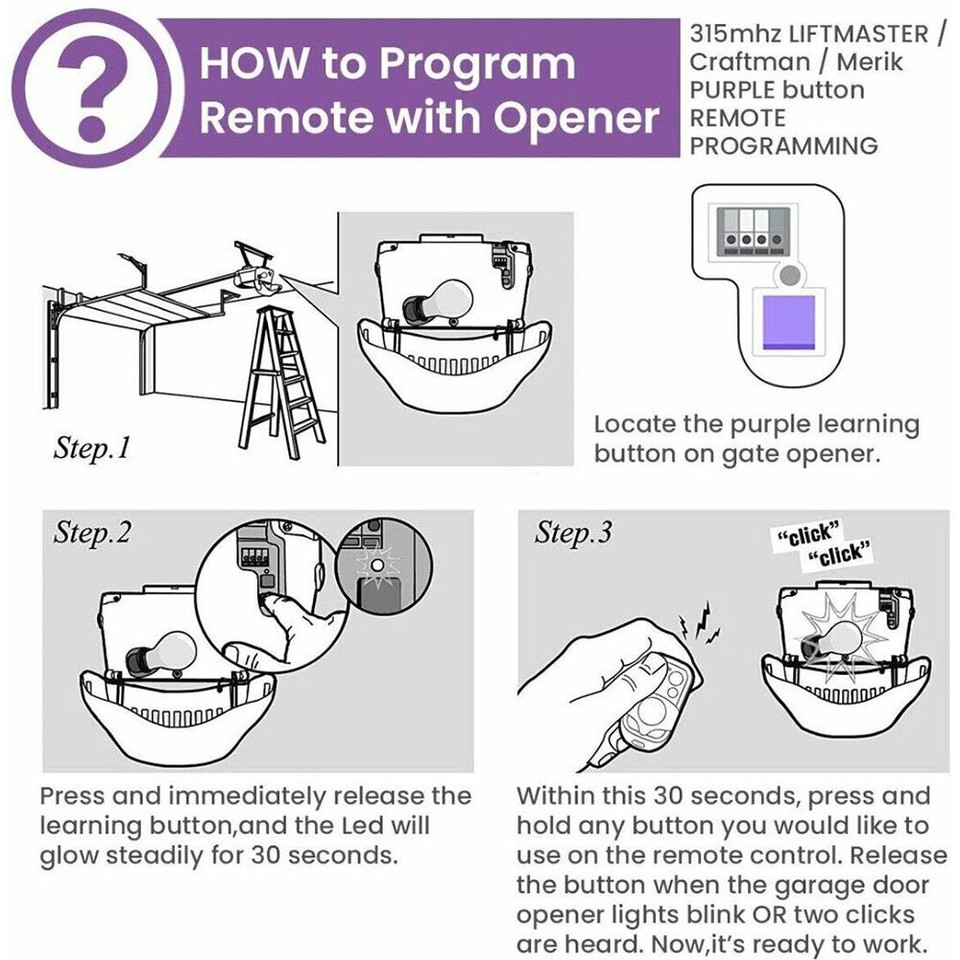 1-2pcs Garage Door Opener Remote Purple Learn Button For Liftmaster ...