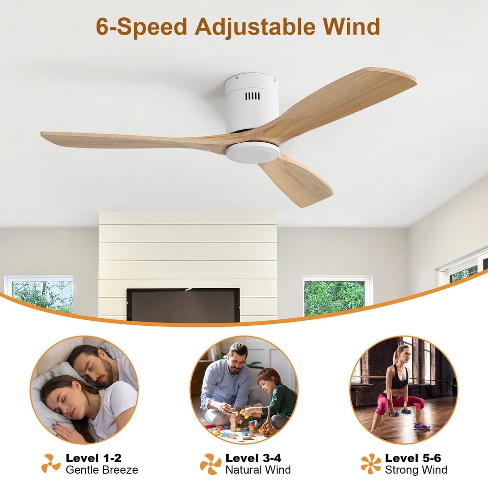 52 Inch Ceiling Fan No Light, Low Profile Flush Mount Modern Wood ...