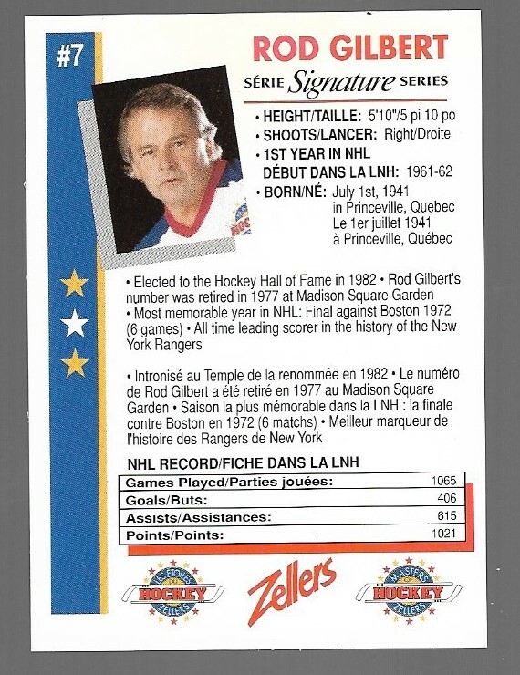 92/93 "ZELLERS MASTERS HOCKEY" SIGNATURE SERIES ROD GILBERT " SWEET ...