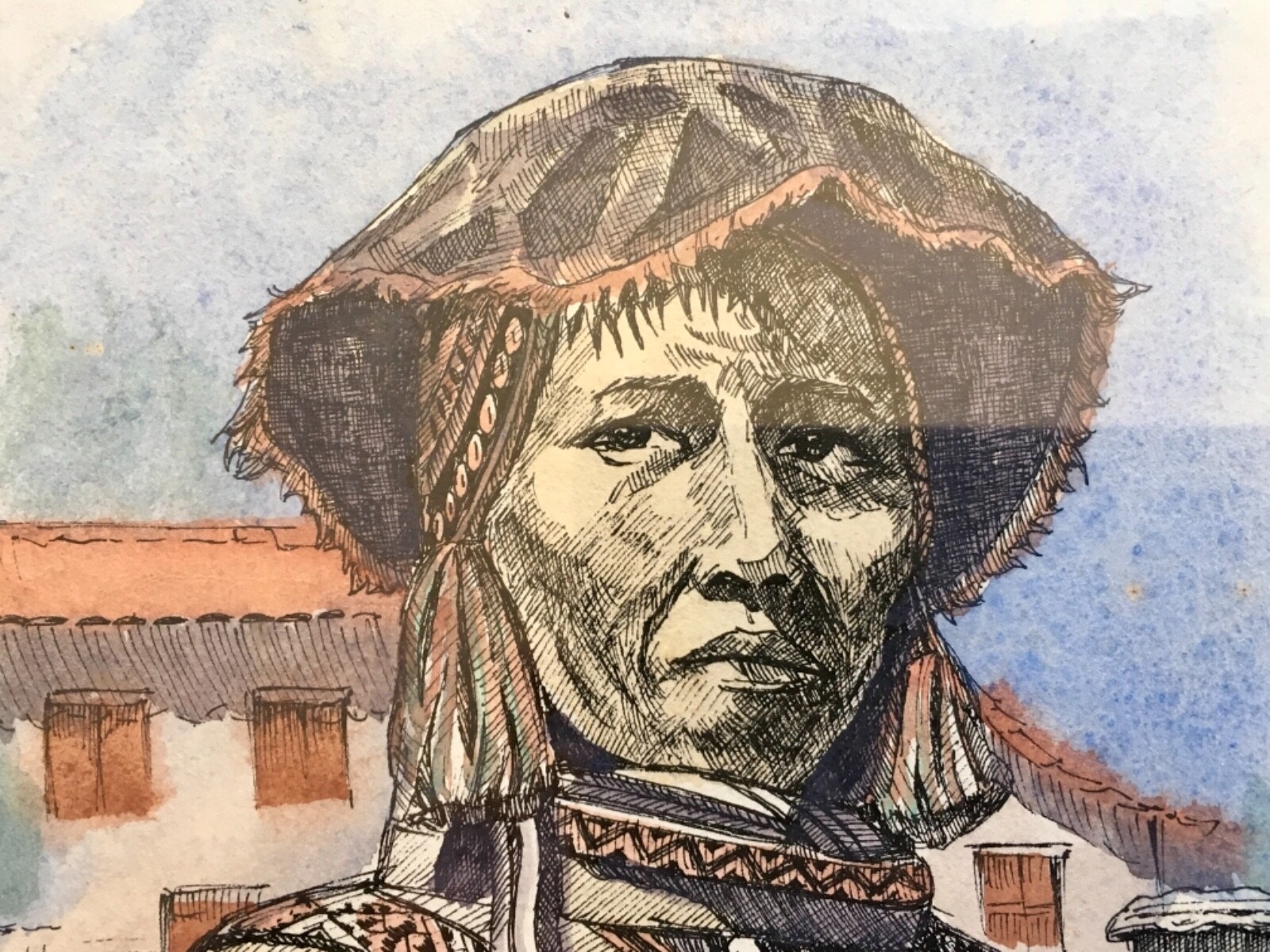 Vintage Original Portrait Painting Ink Drawing Andes Woman Quechua ...