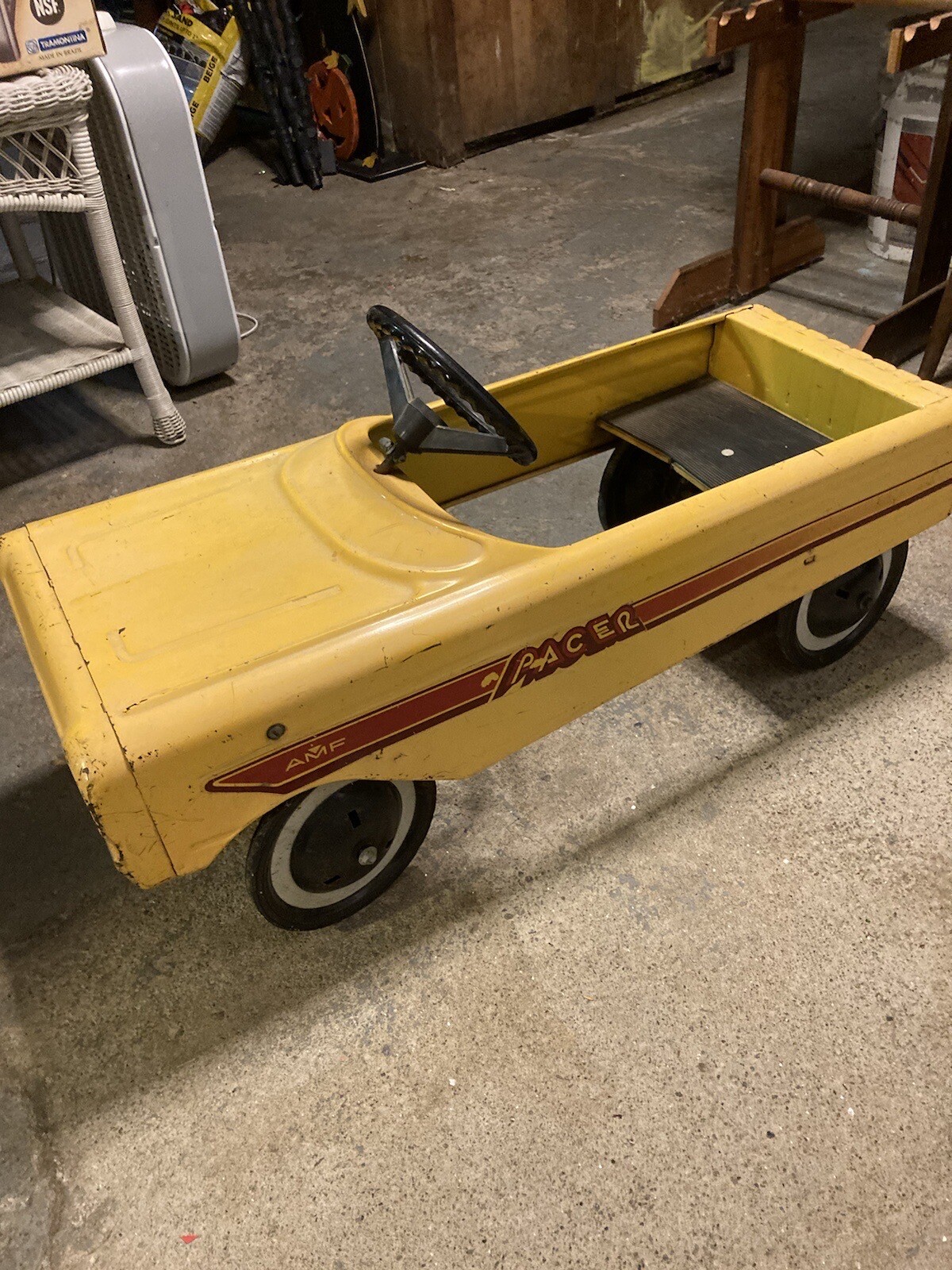 Vintage AMF yellow PACER Pedal Car~Metal Collectible Riding Hot Rod ...