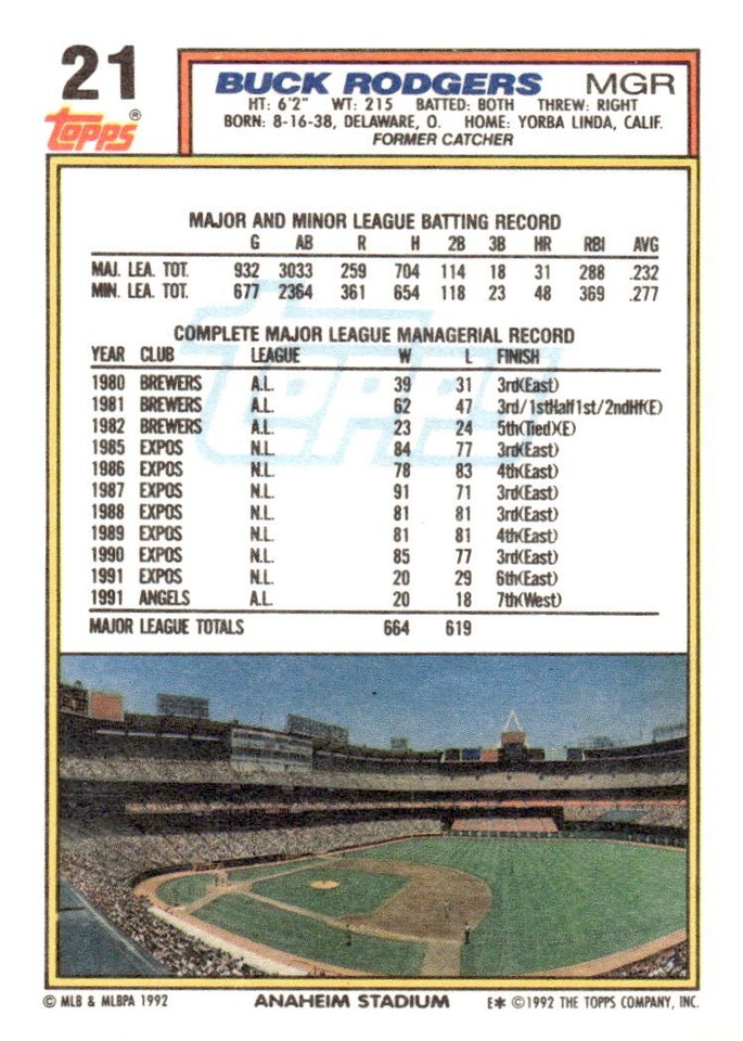 1992 Topps #21 Buck Rodgers -MANAGER- California Angels | eBay