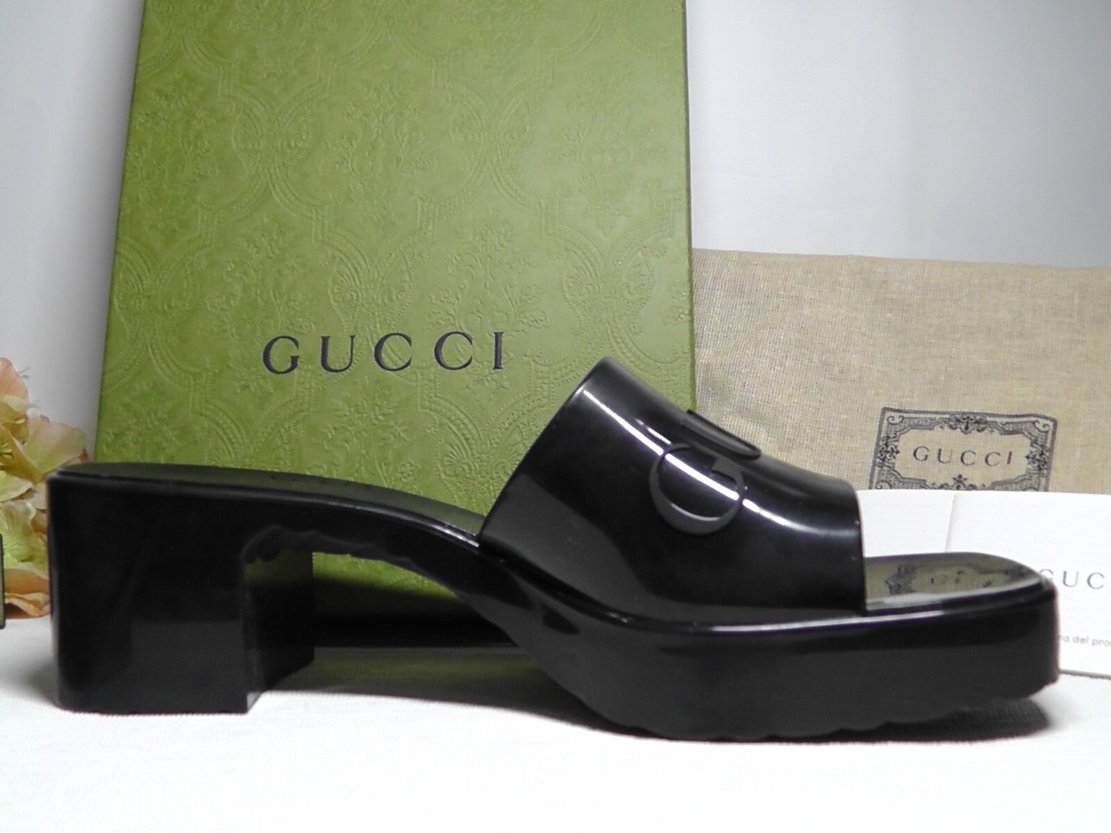 GUCCI BLACK Rubber Logo Platform Block Heel Slide Sandal Size 9US/39EU ...