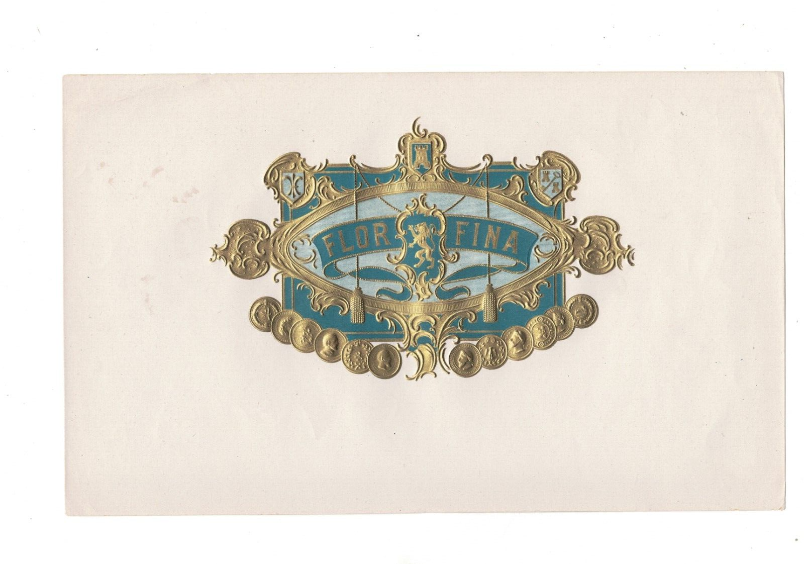 LB1008 BACKFLAP CIGARBOX LABEL FLOR FINA GOLD EMBOSSED COINS IN FRAME ...