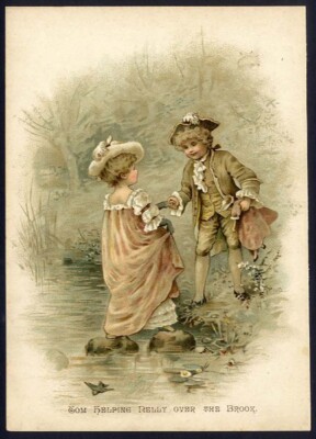 Gallant LITTLE BOY Helping GIRL Across Stream 1900 Chromolithograph ...
