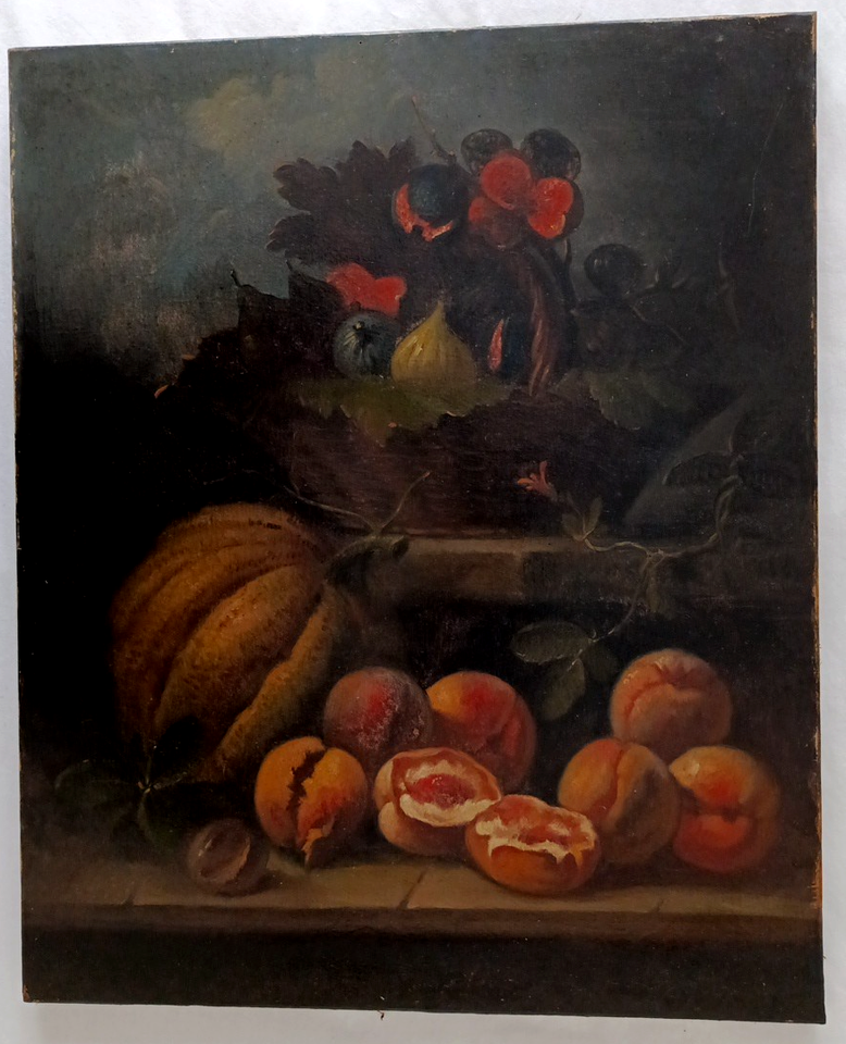 TABLEAUX HST DEBUT XIX EME NATURE MORTE PANIER AUX FRUITS FIGUES PECHES ...