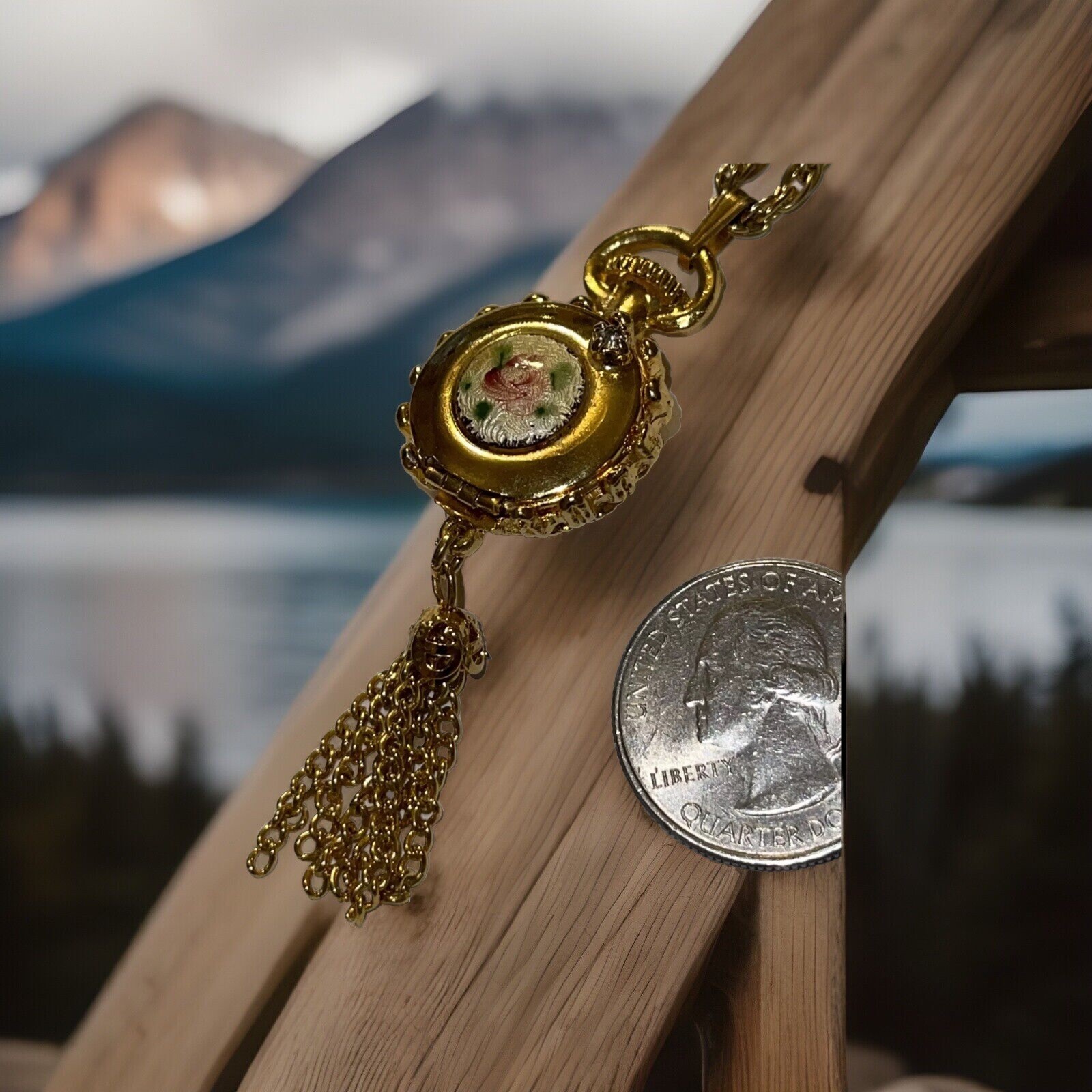 Vintage Faux Watch Locket Fringe Pendant Necklace Ros… - Gem