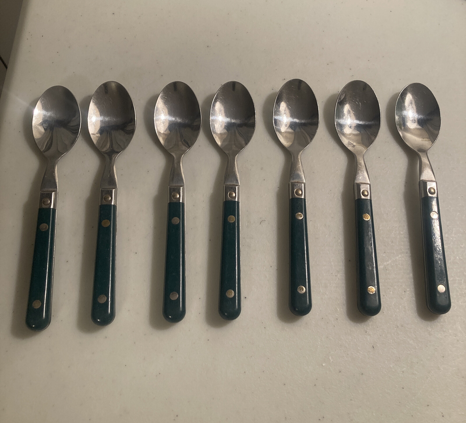 Set Of 7 Vtg Made Taiwan Stainless Steel & Green Wood Handles Teaspoon ...