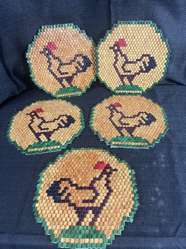 Lot of 5Vintage Bamboo Wood Bead Rooster Trivets - Mid Century MCM 6.5 ...