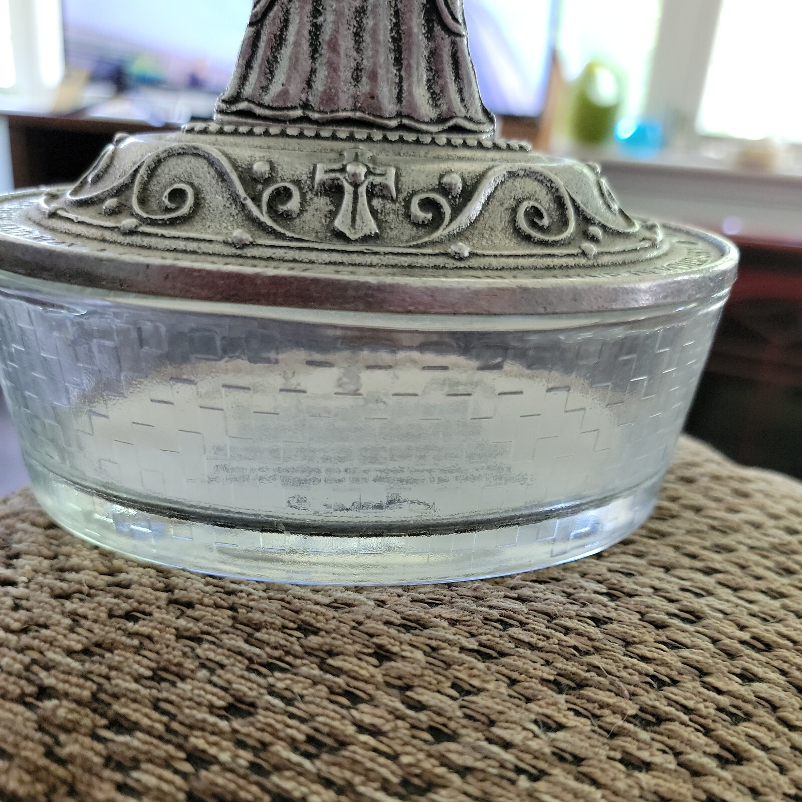 2003 Carson Jewlery Trinket Box Oval Glass Weave Bowl Pewter Angel Lid ...