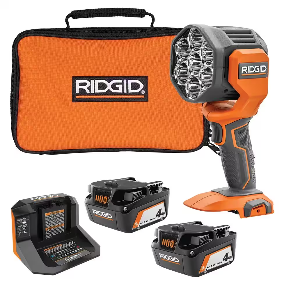 RIDGID18V Cordless LED Spotlight with (2) 4.0 Ah Batteries, Charger ...