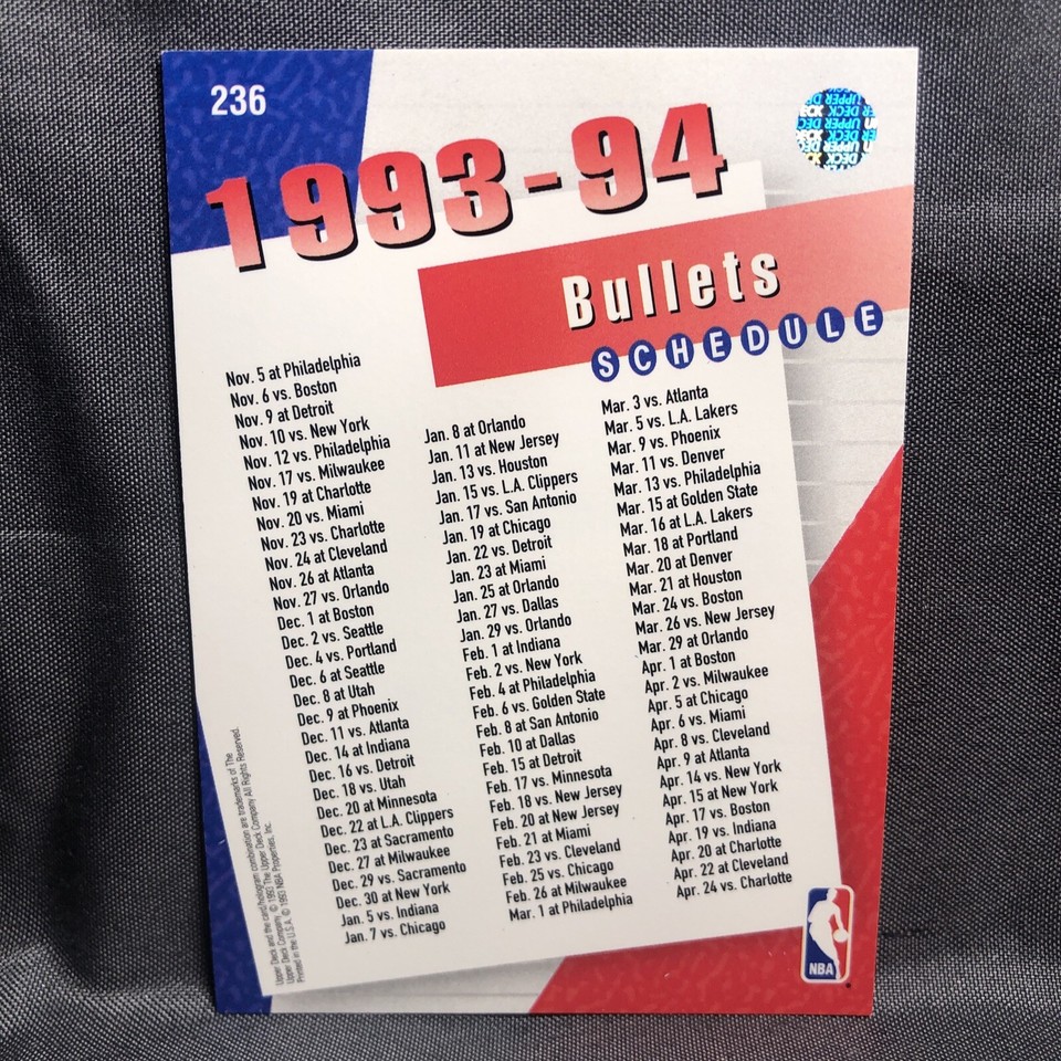 WASHINGTON BULLETS TEAM SCHEDULE 1993-94 UPPER DECK BASKETBALL CARD ...