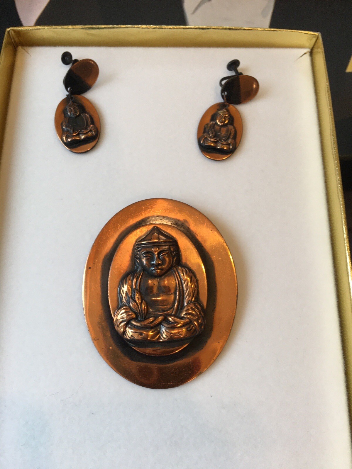 Vintage Copper Buddha Pin/Necklace and Earrings - Gem