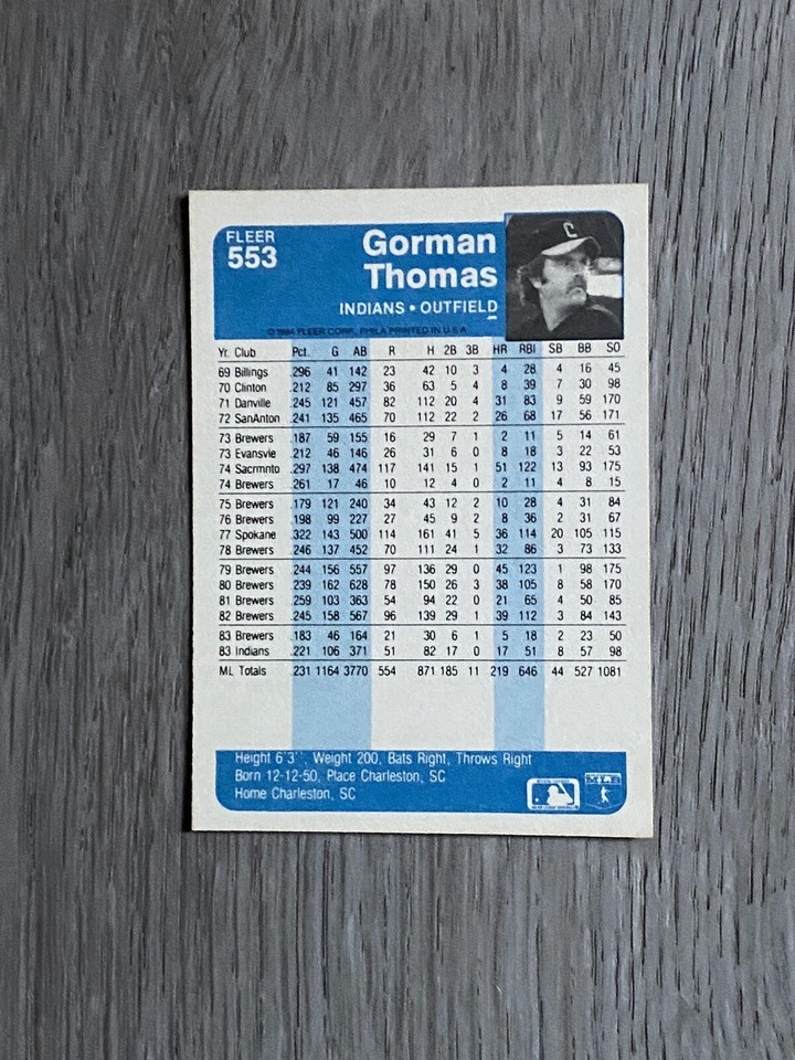 1984 MLB Fleer Baseball | Gorman Thomas | #553 | Cleveland Indians | eBay