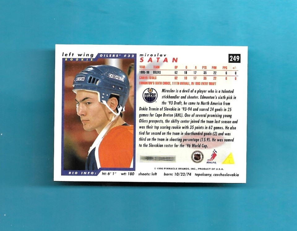 96-97 Score ROOKIE RC Card # 249 MIROSLAV SATAN EDMONTON OILERS ...