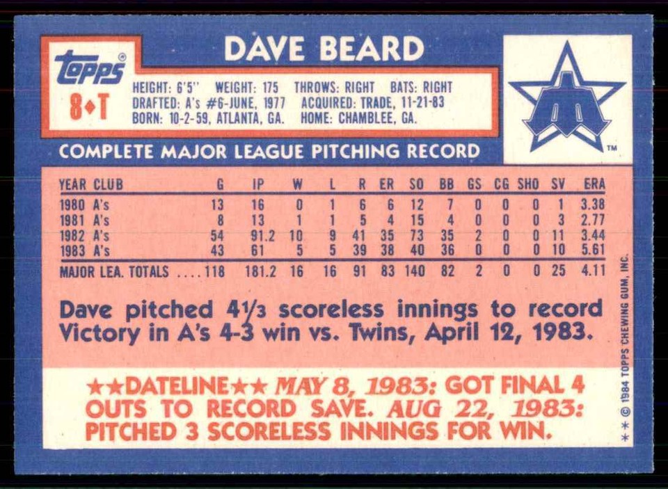 1984 Topps Traded Dave Beard Seattle Mariners #8T | eBay
