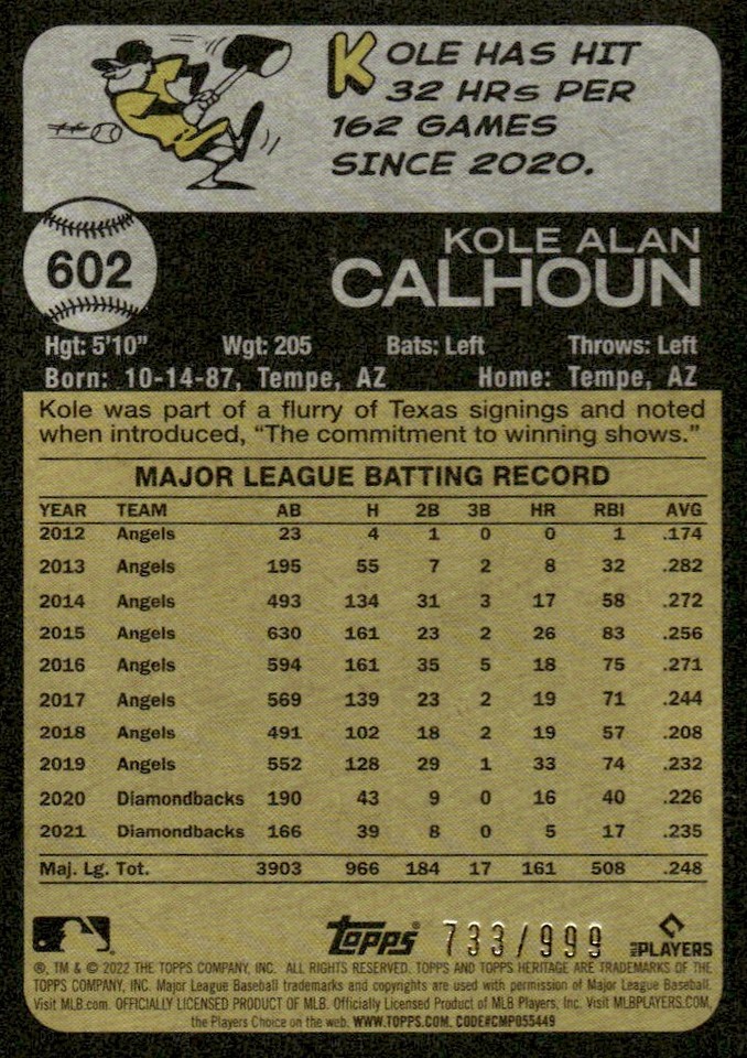 2022 Topps Heritage Chrome High Number Kole Calhoun 733/999 Texas ...