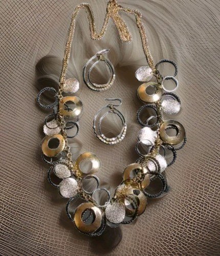 tri colored metal Necklace circles Gold Silver Antique Earrings double ...