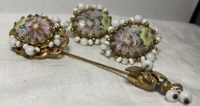 Stick Pin & Earrings Vintage - Miriam Haskell - Hand Painted Flowers | eBay