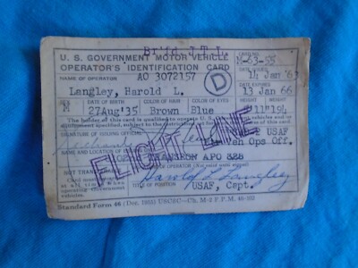 US Government Motor Vehicle Operator's Identification card, 1963-1966 ...