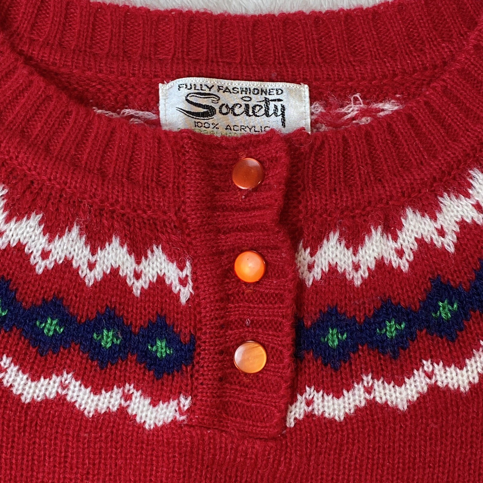 Vintage Red Knitted Sweater Nordic Isle Buttons Near Collar Size Medium ...