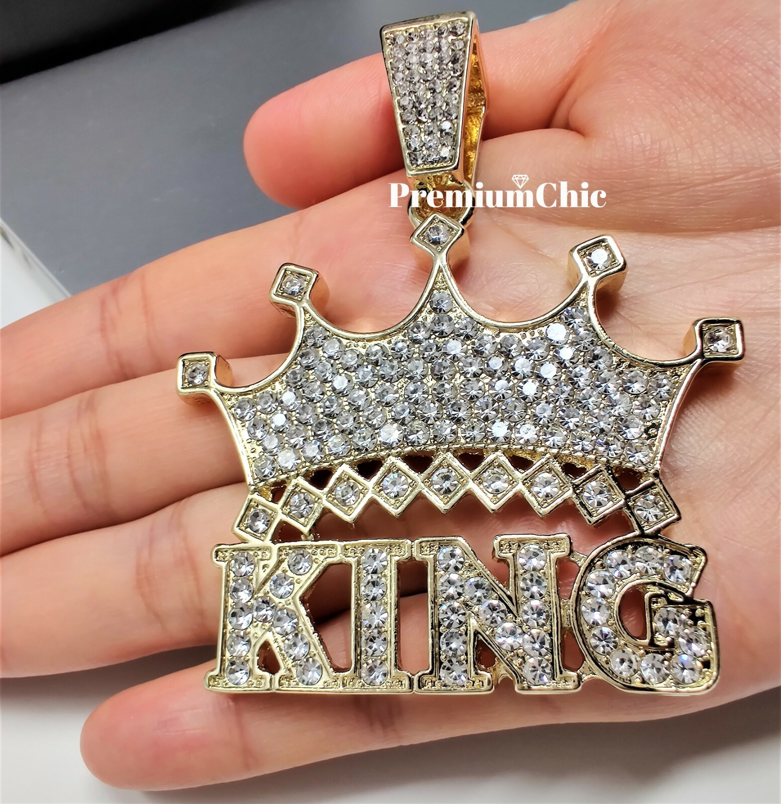 XL Crowned King Pendant Necklace with Rope or Cuban Chain Plated CZ ...