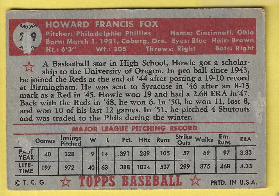 1952 Topps Howie Fox Phillies #209 | eBay