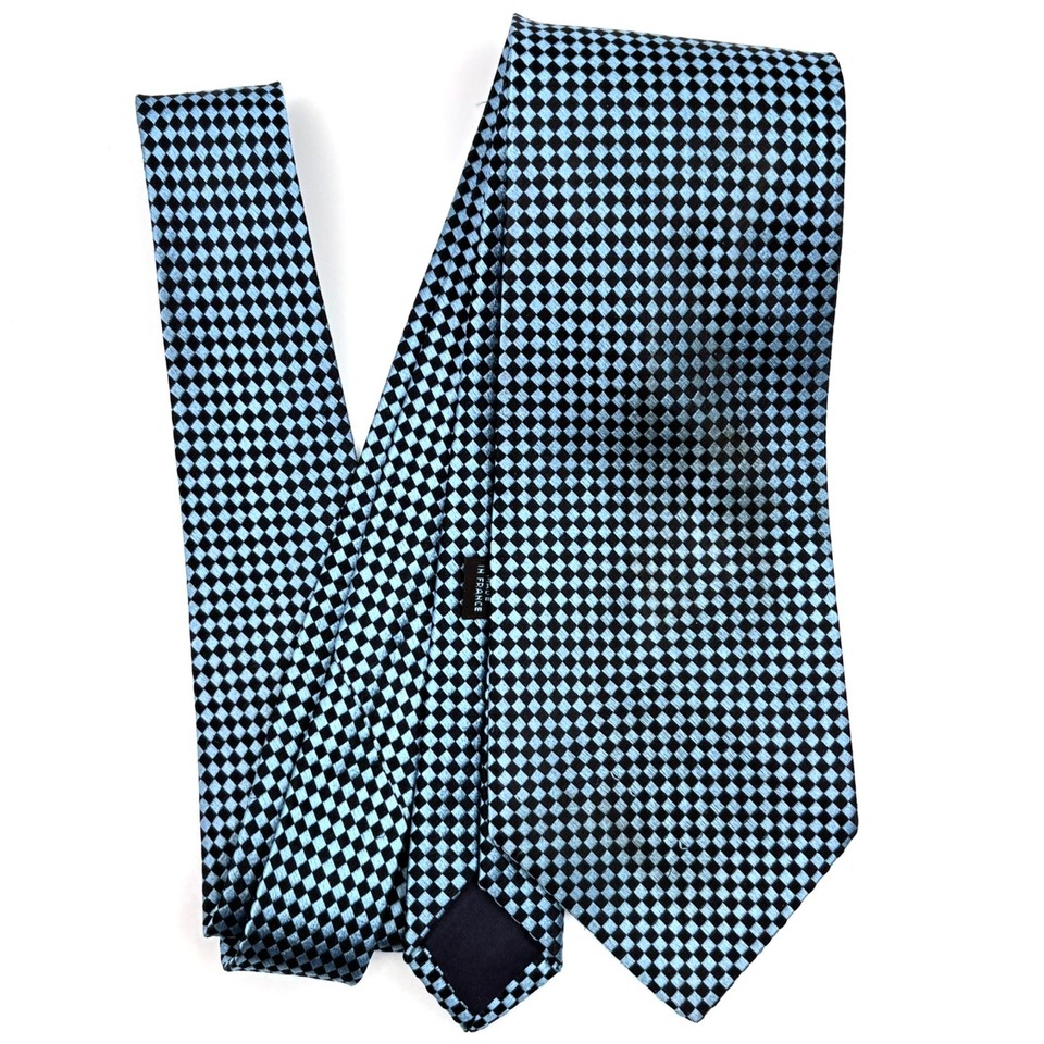 Charvet Place Vendome Cyan Tie - Light Cyan Black Checkerboard Silk ...