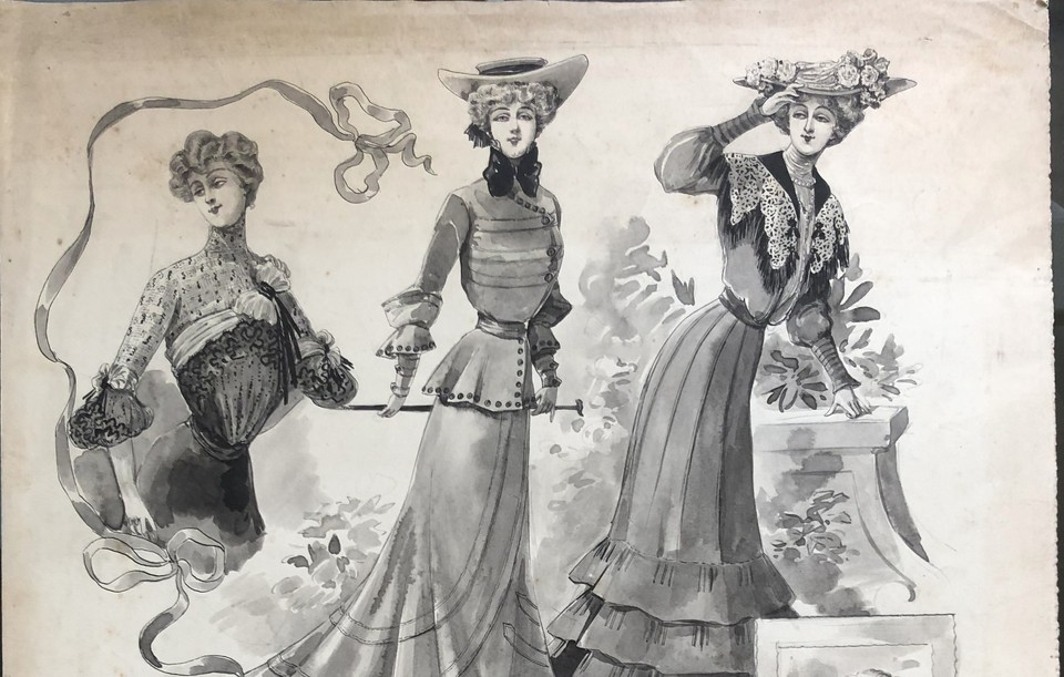 Large Original French Women's Fashion Plate Magazine ink and wash ...