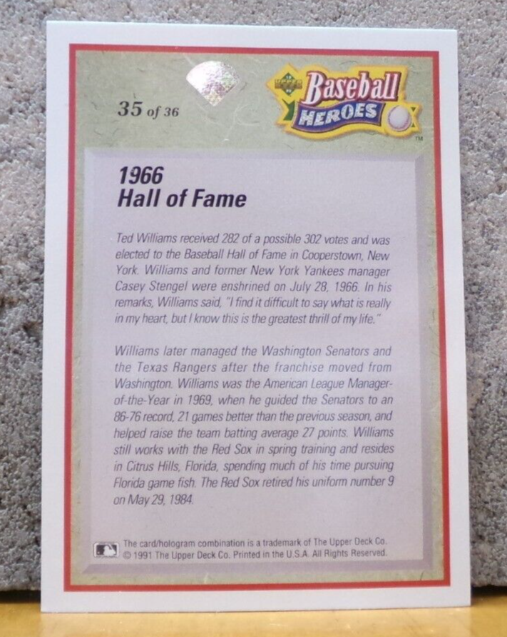 AWESOME PHOTO ON OLDER CHASE BASEBALL CARD TED WILLIAMS - 1966 HALL OF ...